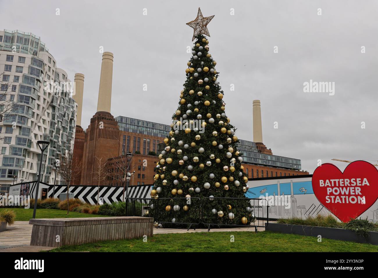 Christmas tree and Battersea Power Station London UK December 2024 ...