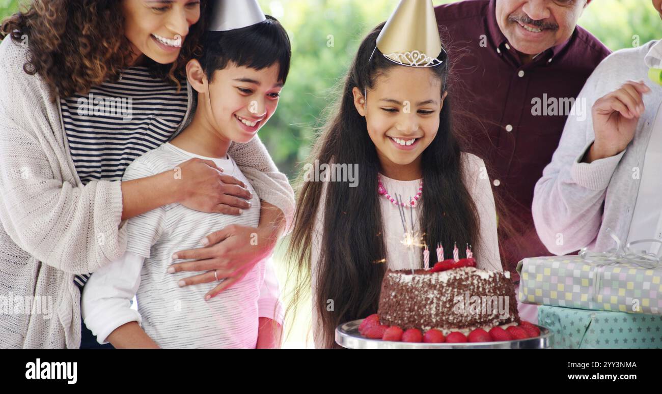 Birthday cake, family and children smile with parents for celebration ...
