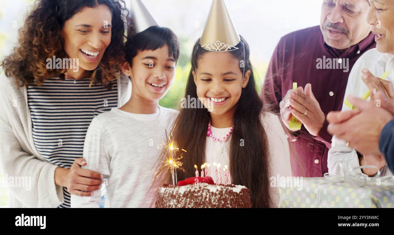 Birthday cake, family and children with parents for celebration, party ...