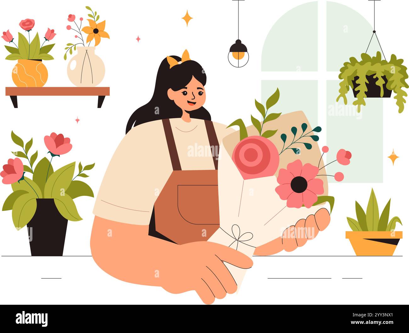 Professional Florist Working Vector Illustration featuring a Flower ...