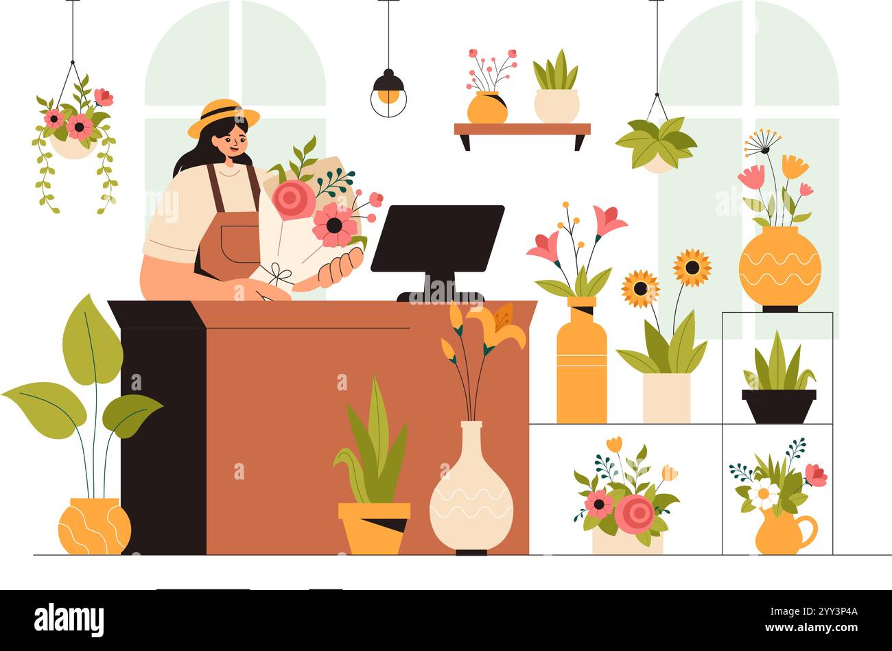 Professional Florist Working Vector Illustration featuring a Flower ...