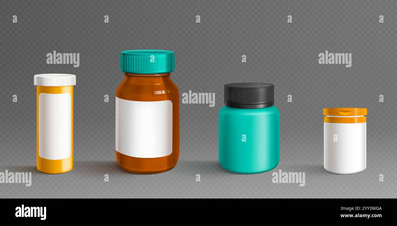 Plastic supplement pill bottle. White medicine jar mockup. 3d vitamin ...