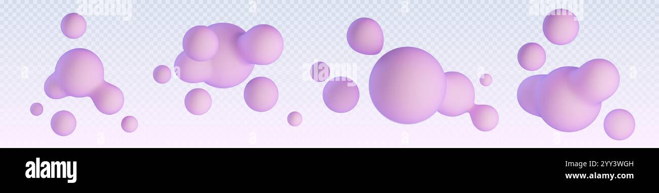Abstract floating spherical blobs in soft pink and purple gradient. Smooth rounded holographic ...