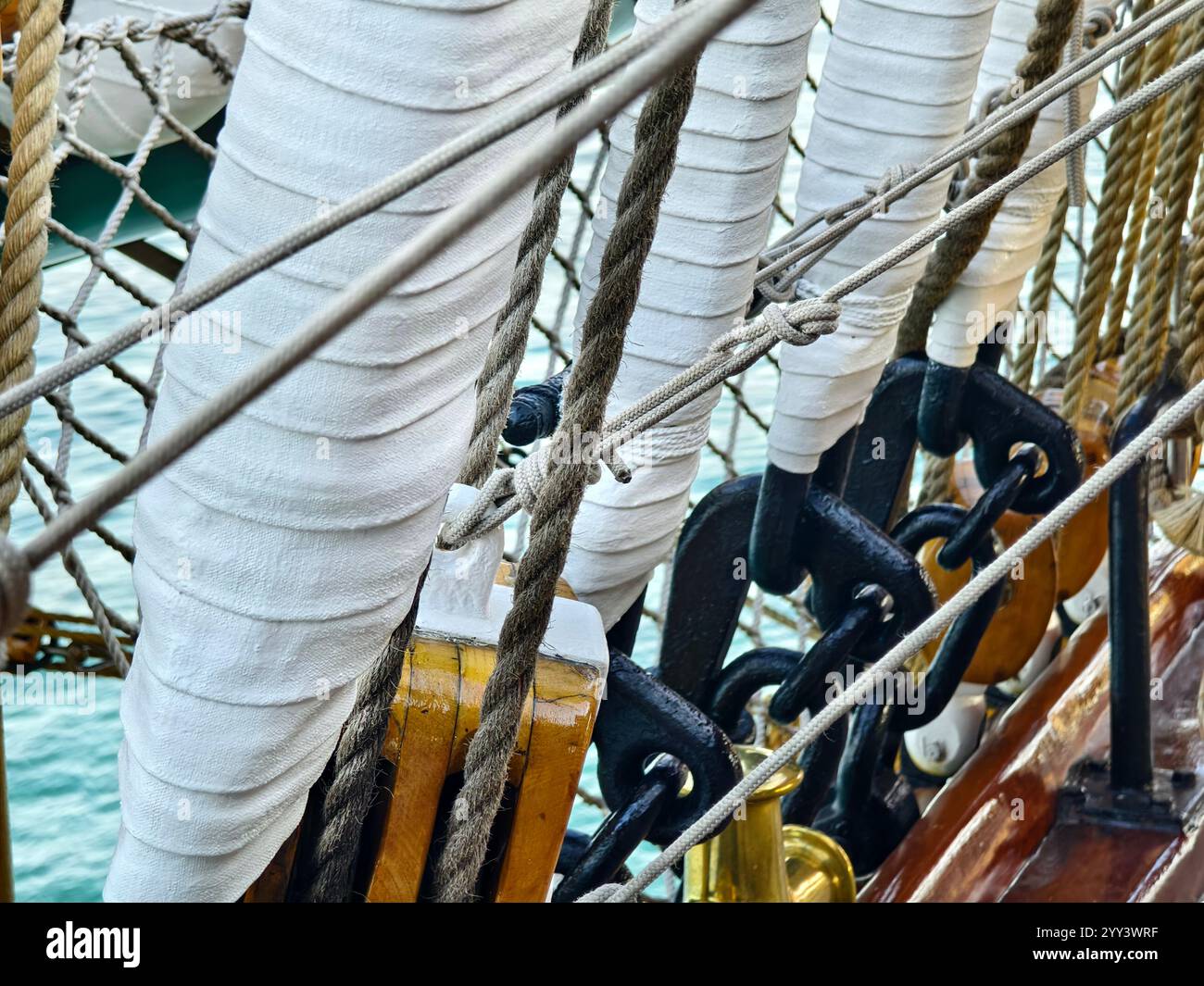 Long ropes stretched across the masts of an old ship Stock Photo - Alamy