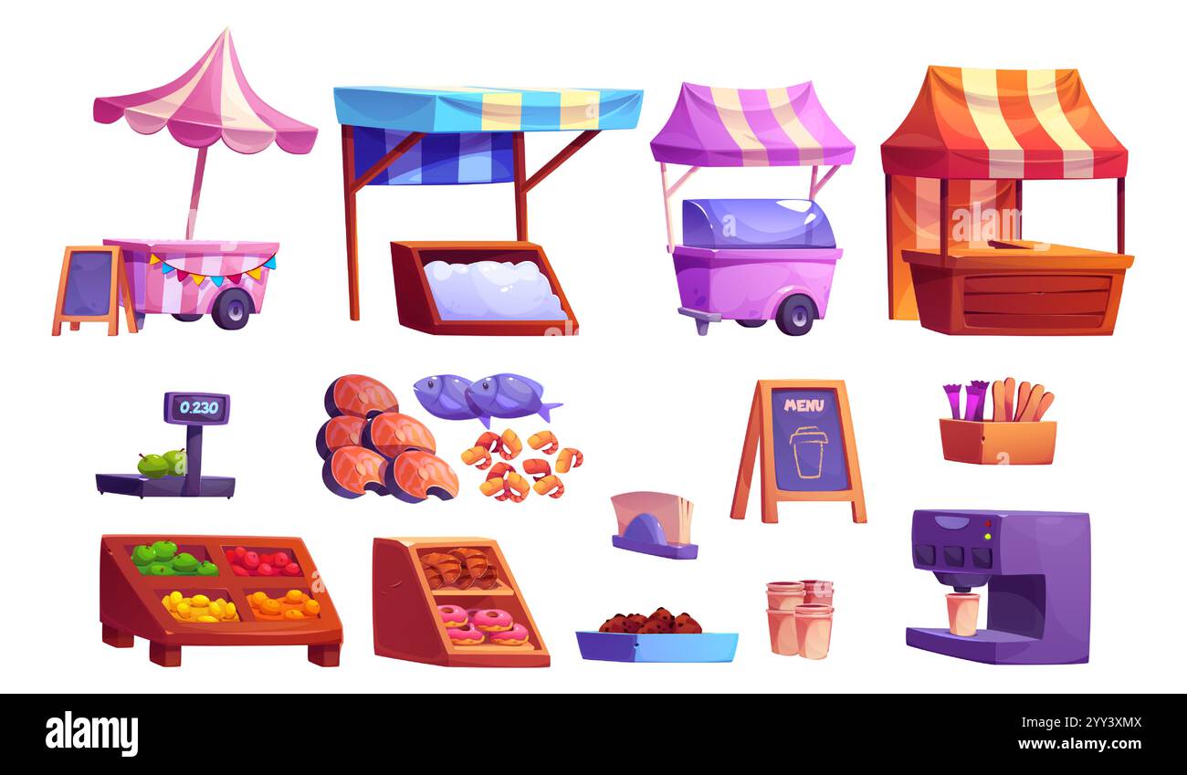 Street market food stalls set isolated on white. Vector cartoon ...