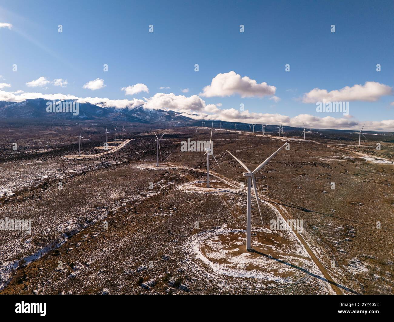 Wind turbines and windmill park, near mountains in Utah, close to ...