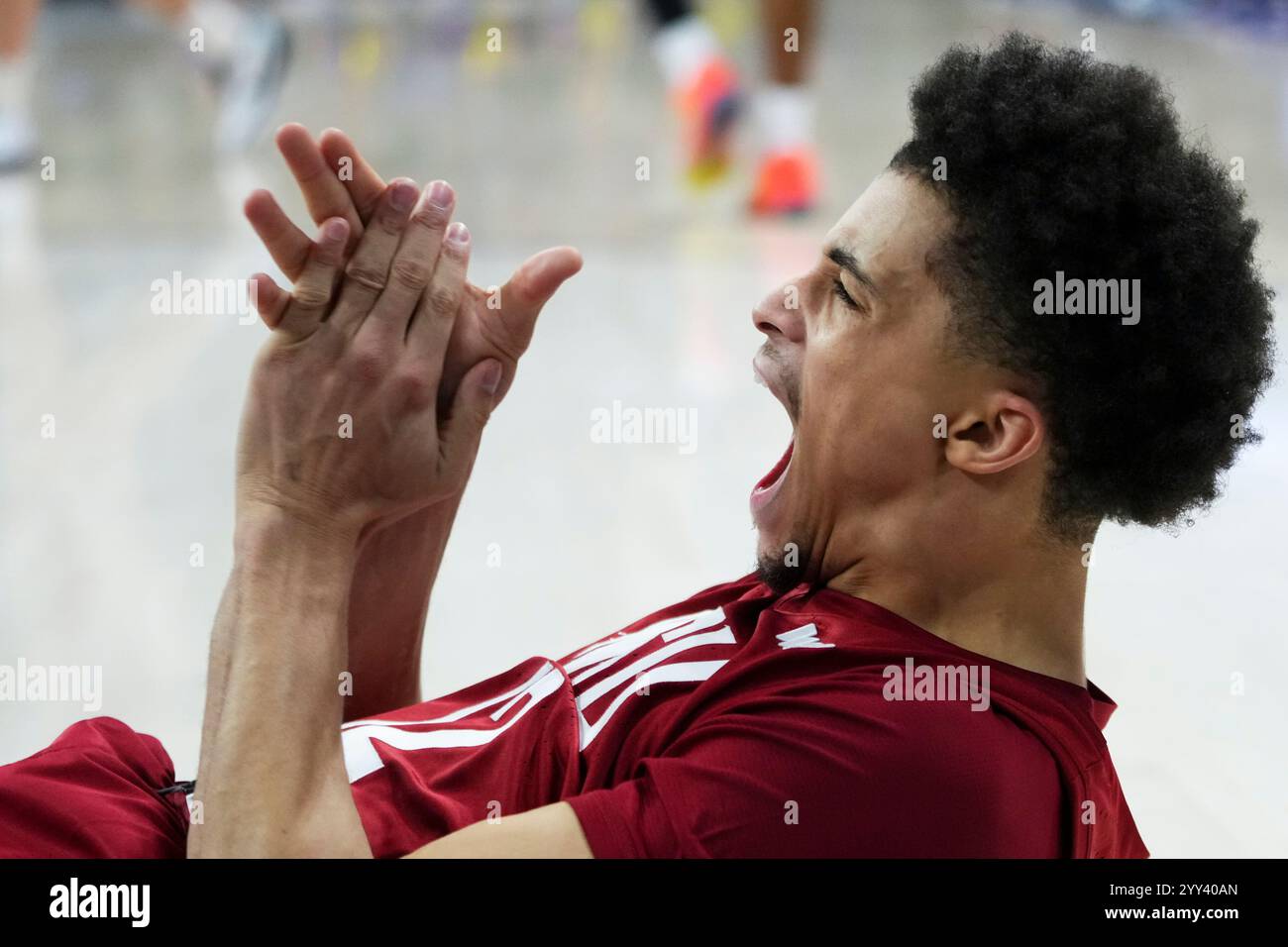 Washington State guard Isaiah Watts reacts after drawing a foul from ...