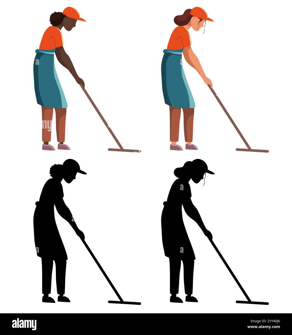 Vector set of cliparts of female cleaners in flat style and black ...