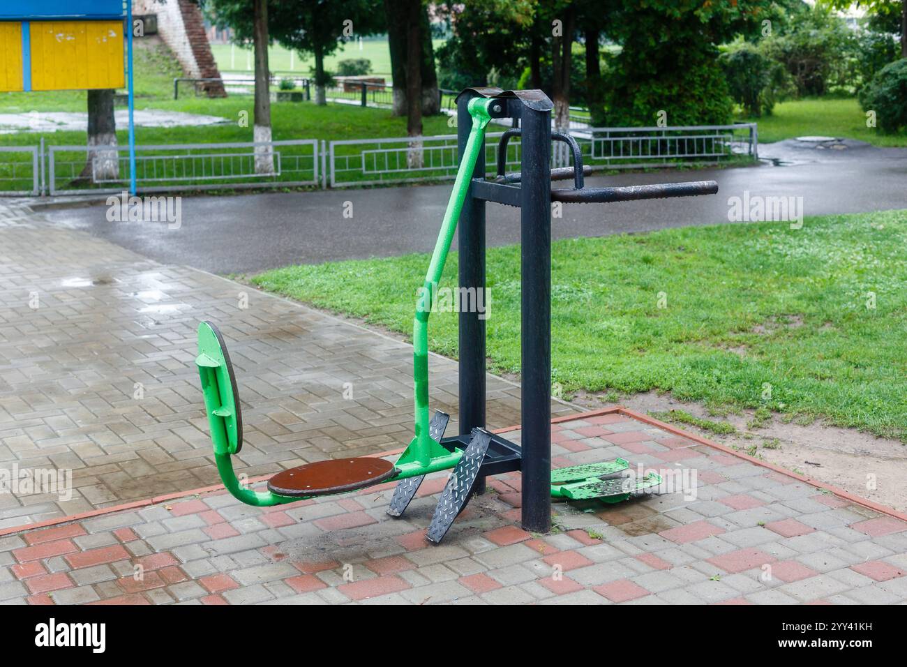 Close-up of an outdoor gym on a sports field in a park. Exercise ...