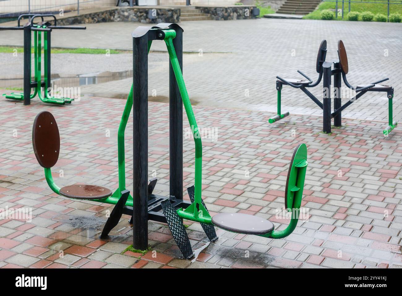 Close-up of an outdoor gym on a sports field in a park. Exercise ...