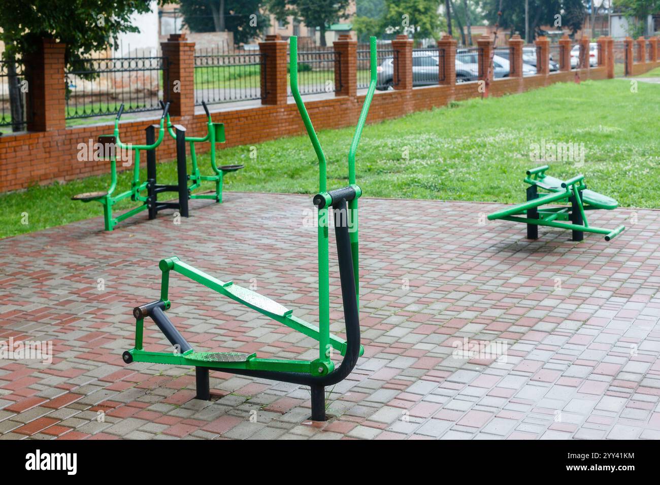 Close-up of an outdoor gym on a sports field in a park. Exercise ...