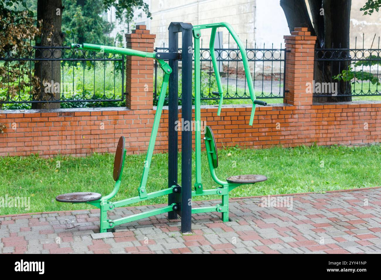 Close-up of an outdoor gym on a sports field in a park. Exercise ...