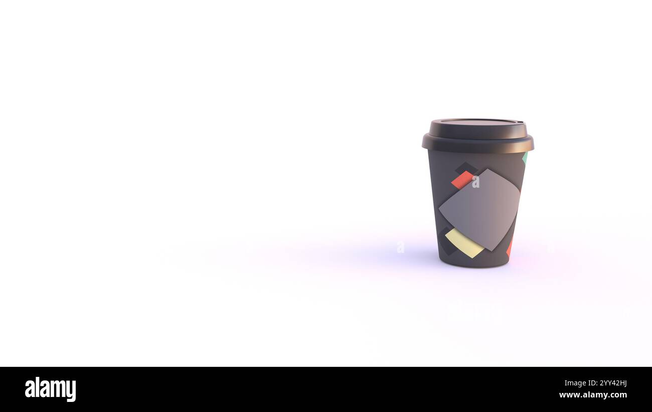 3D render - paper coffee cup with geometric pattern on white background ...