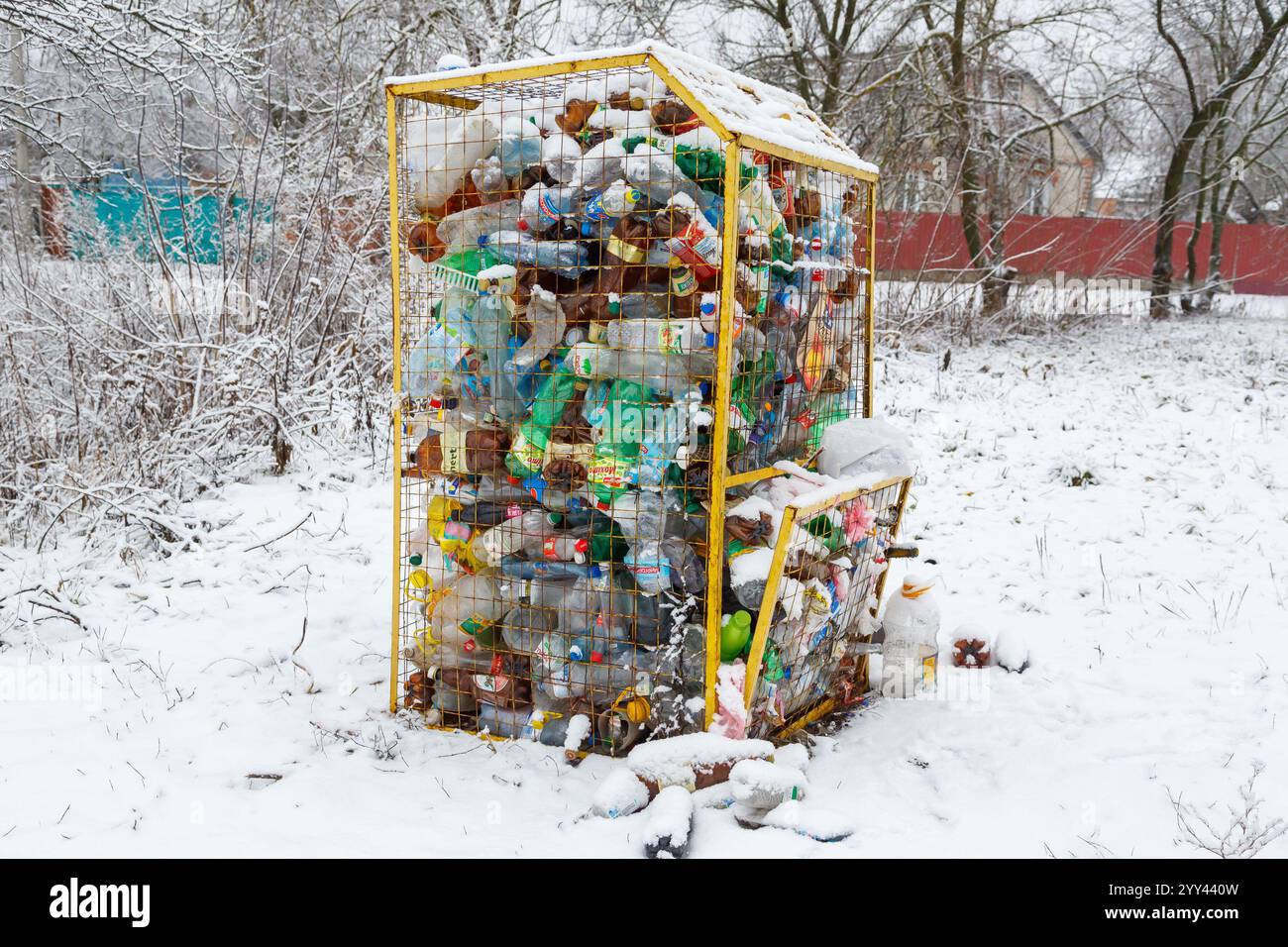 Ukraine, city of Romny, December 26, 2022: Plastic bottles in a trash ...