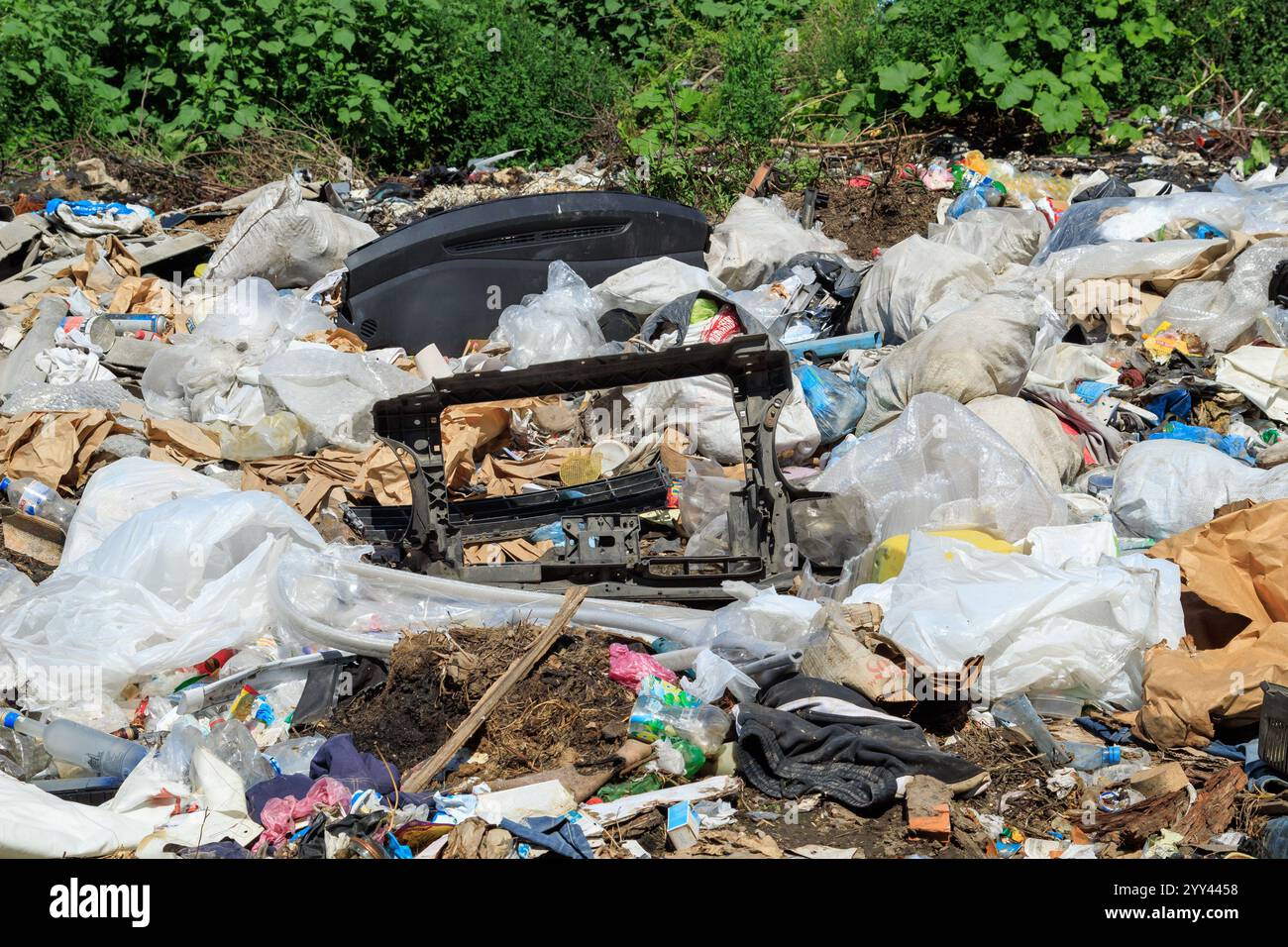 View of the landfill. Landfill A pile of plastic garbage, food waste ...