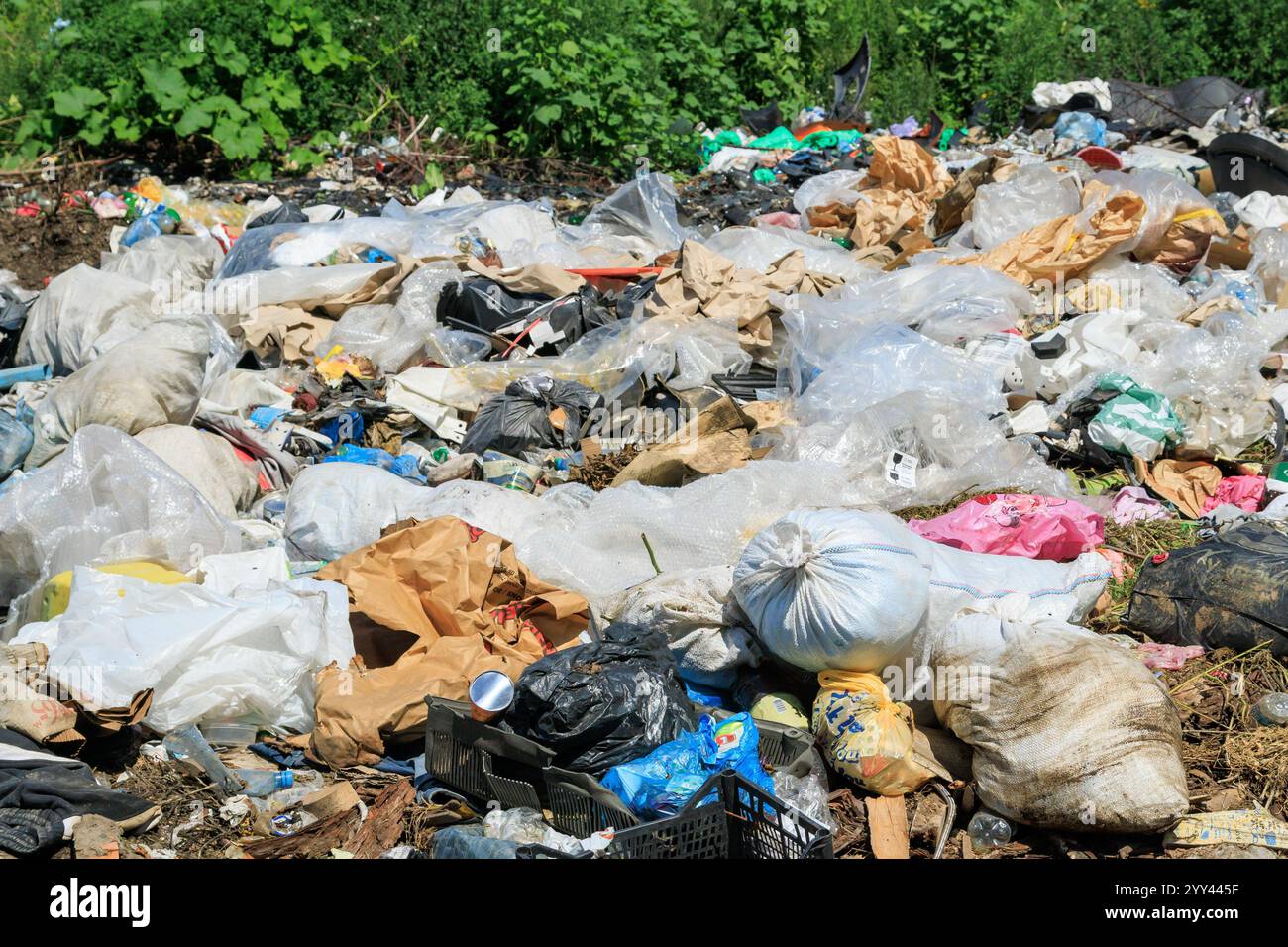 View of the landfill. Landfill A pile of plastic garbage, food waste ...