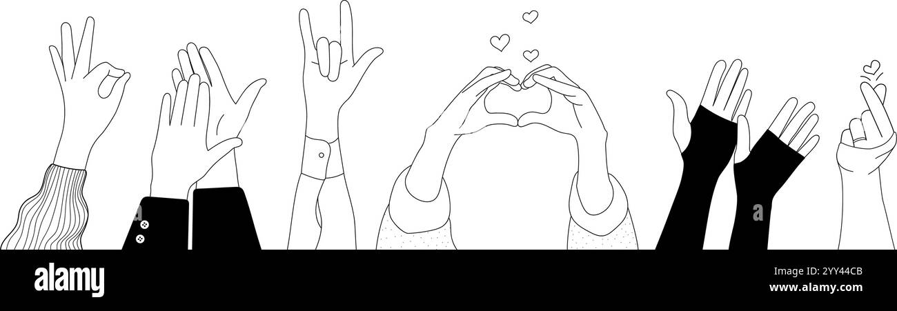 Doodle sketch hands up gestures comic icons silhouettes vector set ...