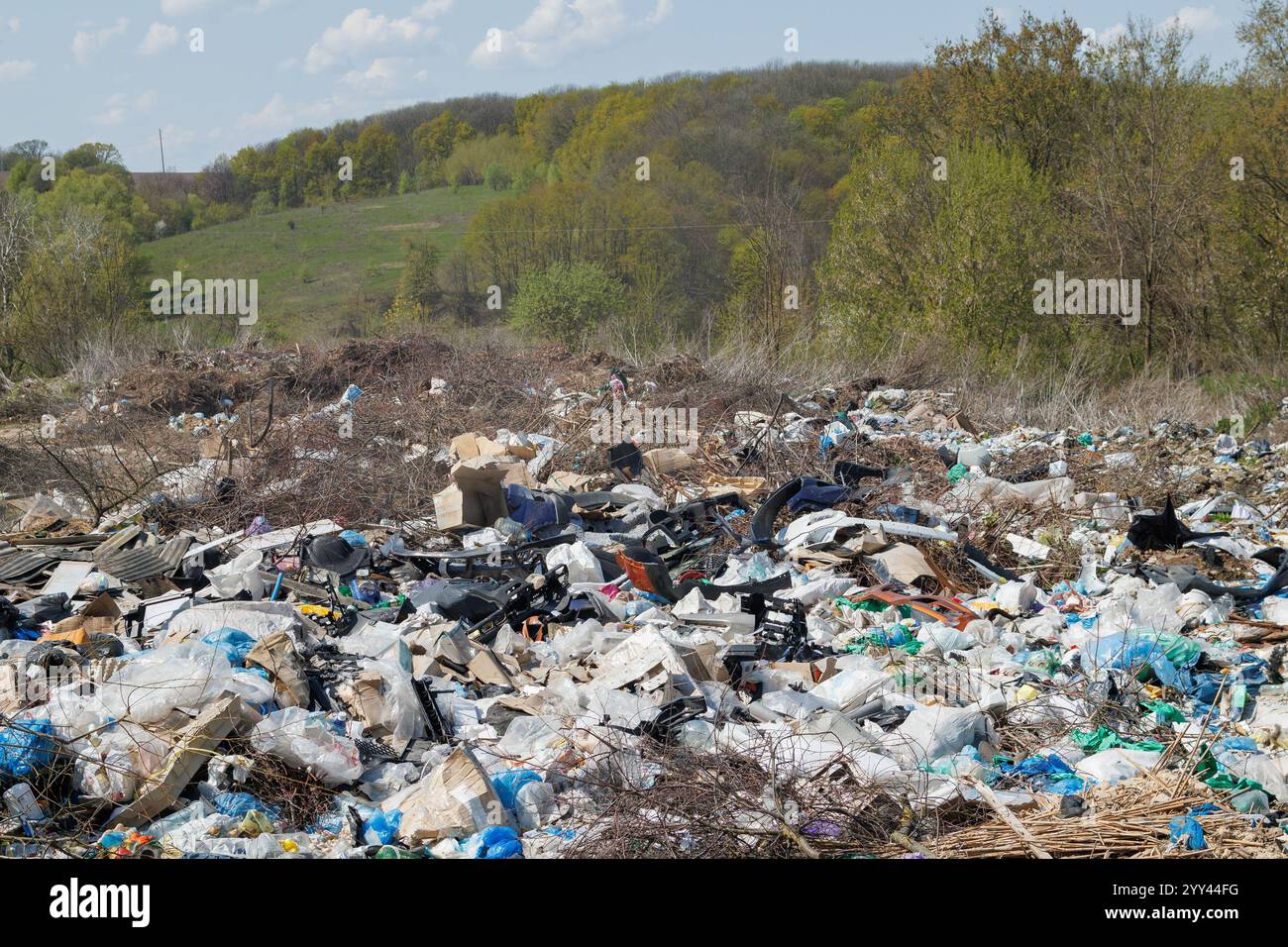 A view of the landfill. Garbage dump. A pile of plastic rubbish, food ...