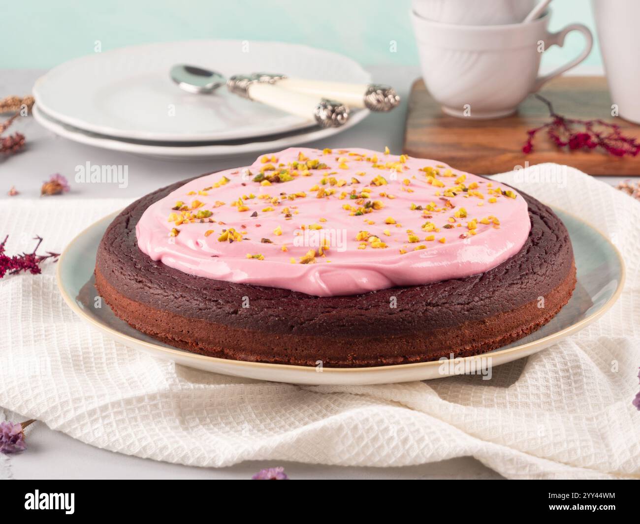 Beetroot chocolate cake with pink cream cheese icing and pistachio ...