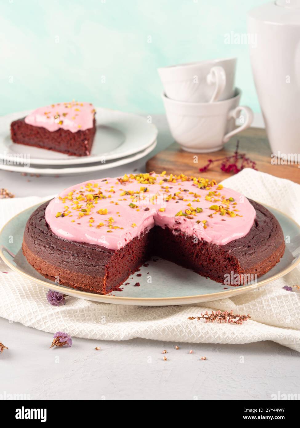 Beetroot chocolate cake with pink cream cheese icing and pistachio ...