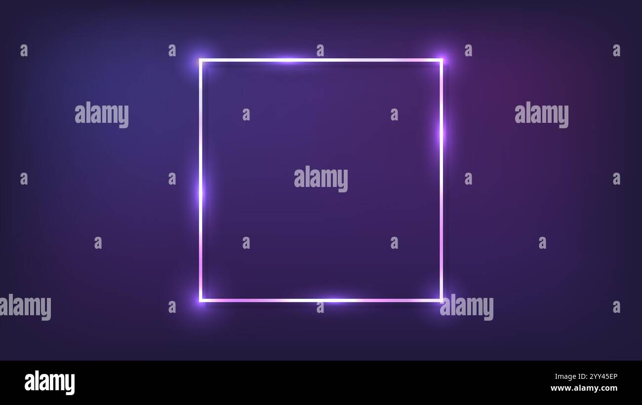 Neon square frame with shining effects on dark background. Empty ...