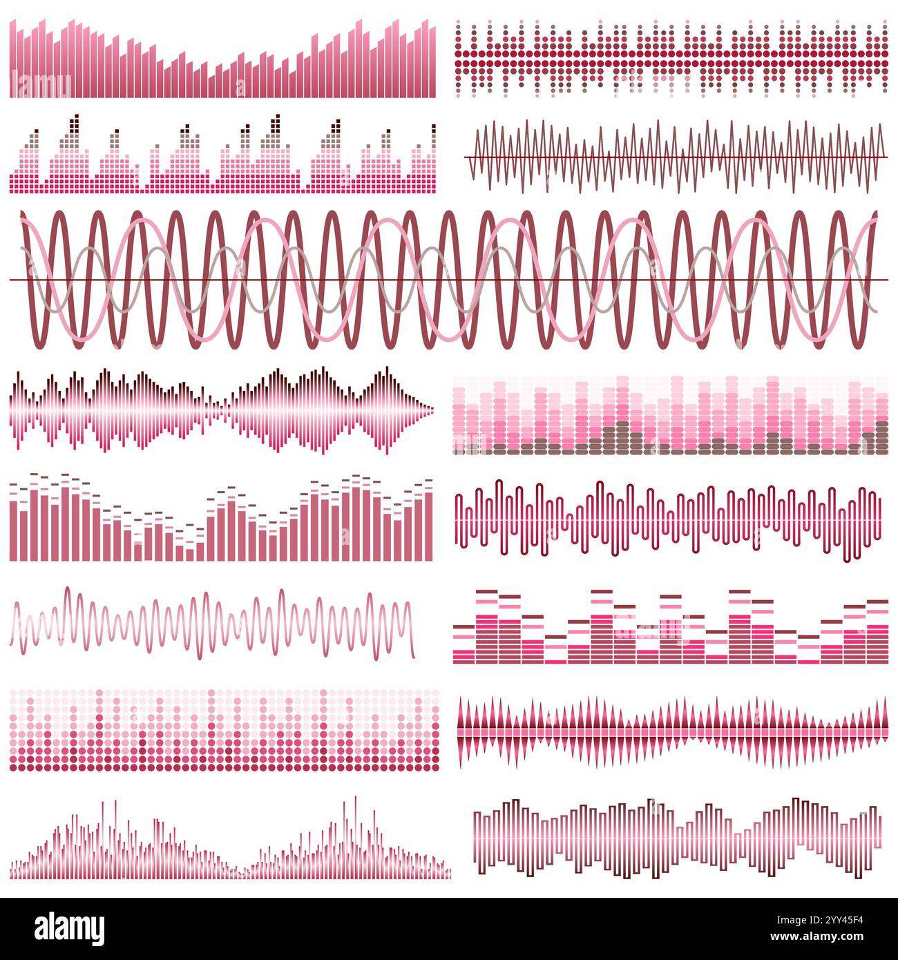 Vector set of red sound waves. Audio equalizer. Sound & audio waves isolated on white background ...