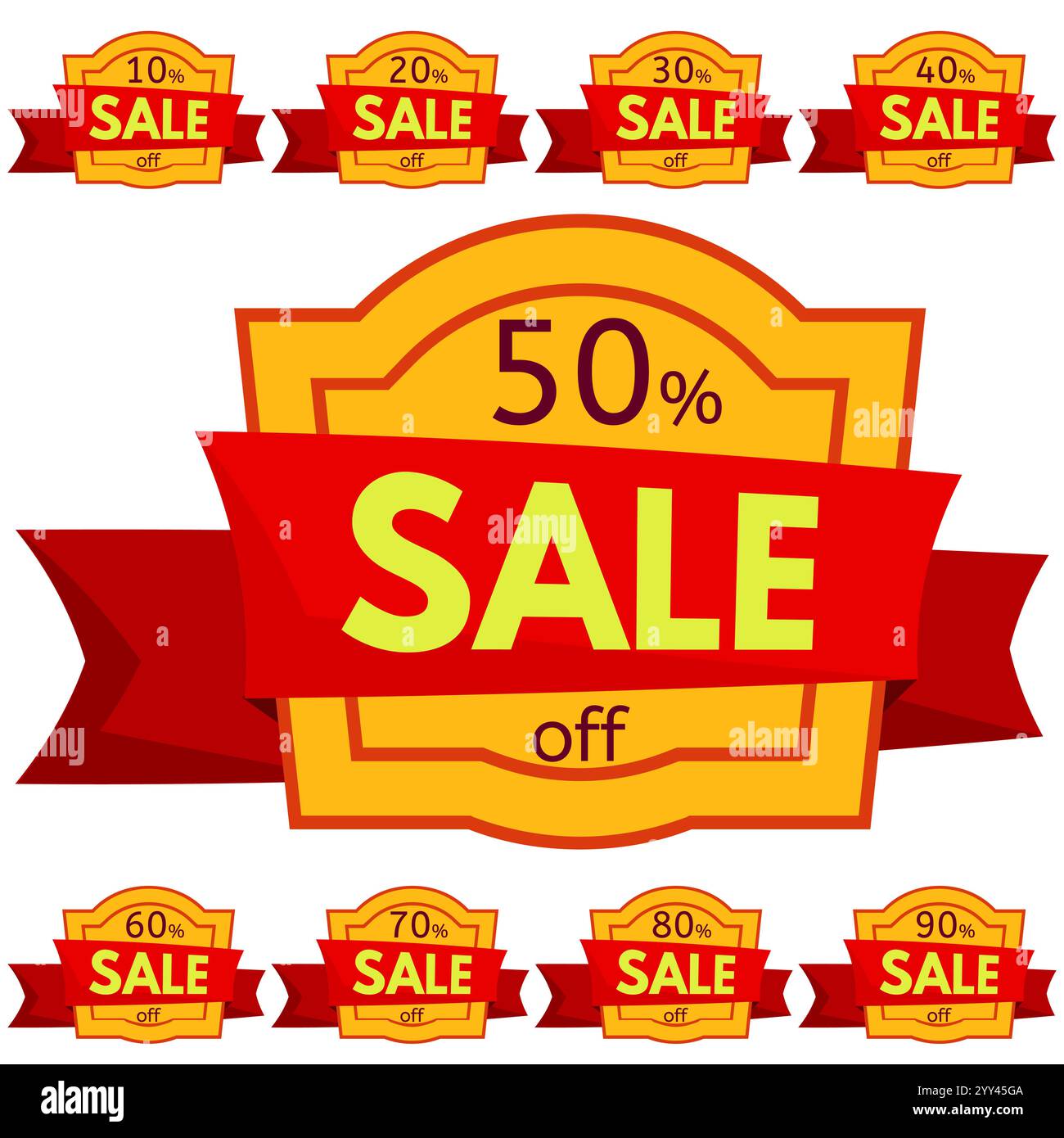 Set of discount stickers. Yellow badges with red ribbon for sale 10 ...