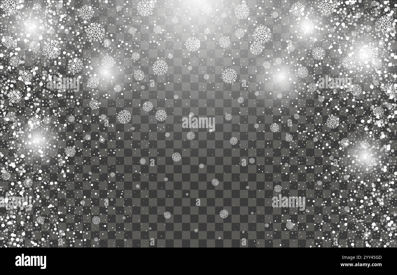 Snowfall and falling snowflakes on dark transparent background. White ...