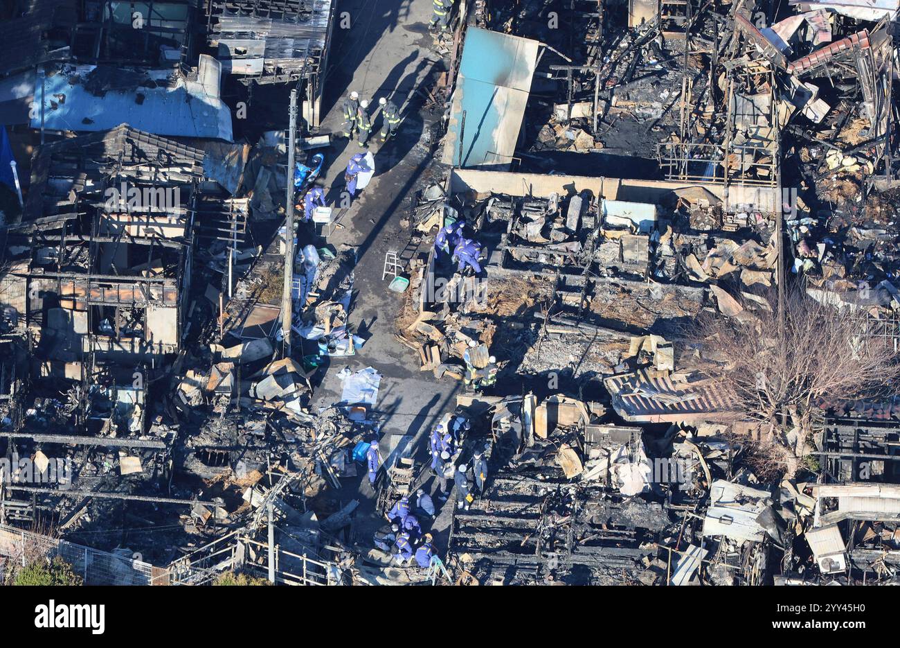 An aerial photo shows burnt houses in Kashiwa, Chiba Prefecture, on Dec ...