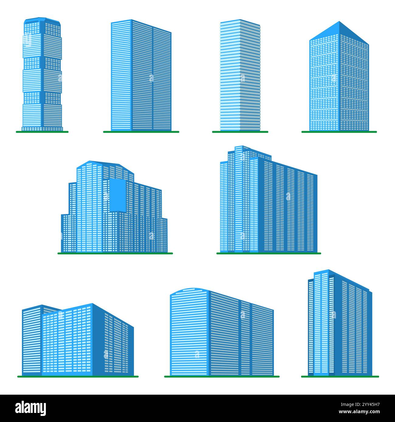 Set of nine modern high-rise building on a white background. View of ...