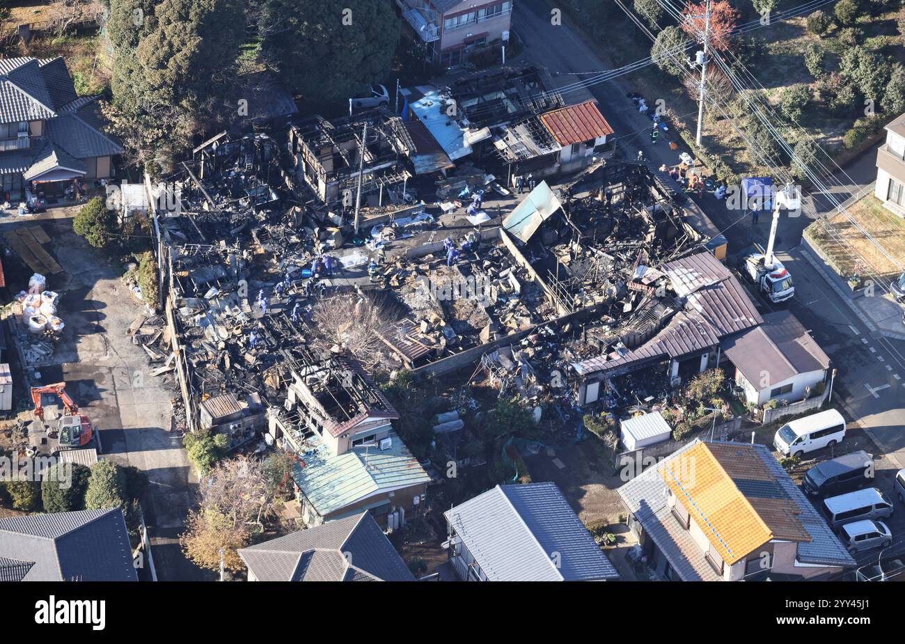An aerial photo shows burnt houses in Kashiwa, Chiba Prefecture, on Dec ...