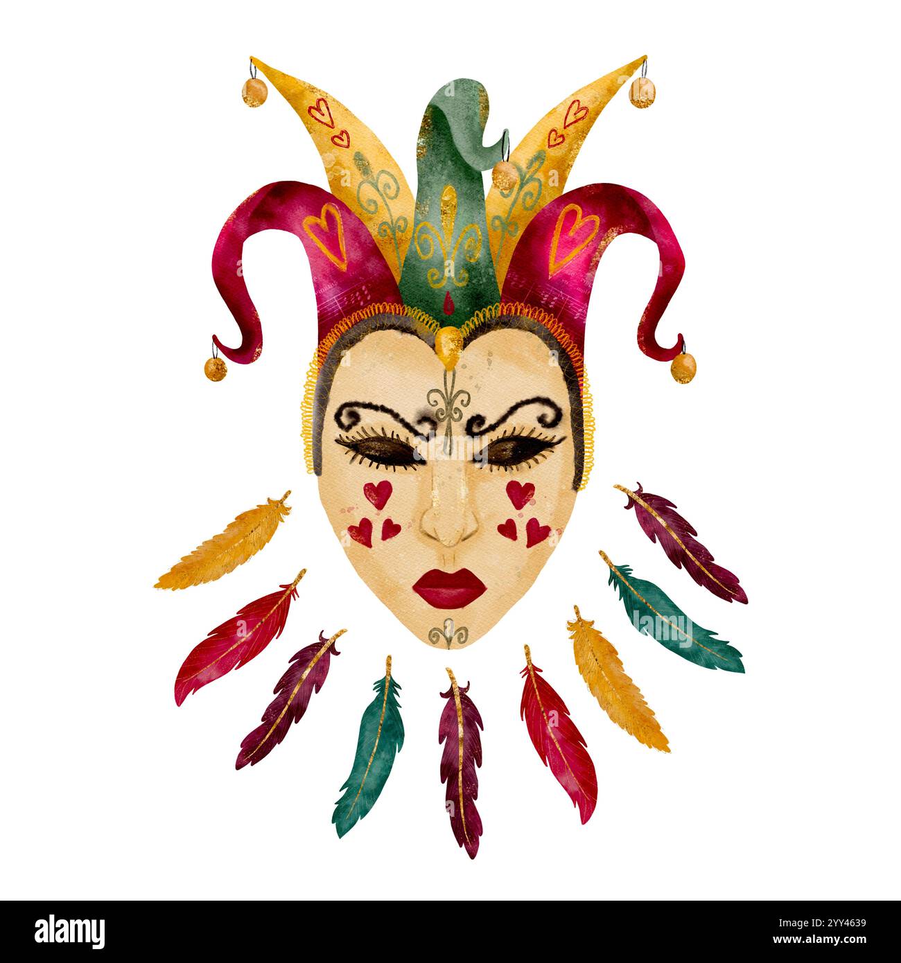 A beautifully colorful jester mask decorated with vibrant feathers ...