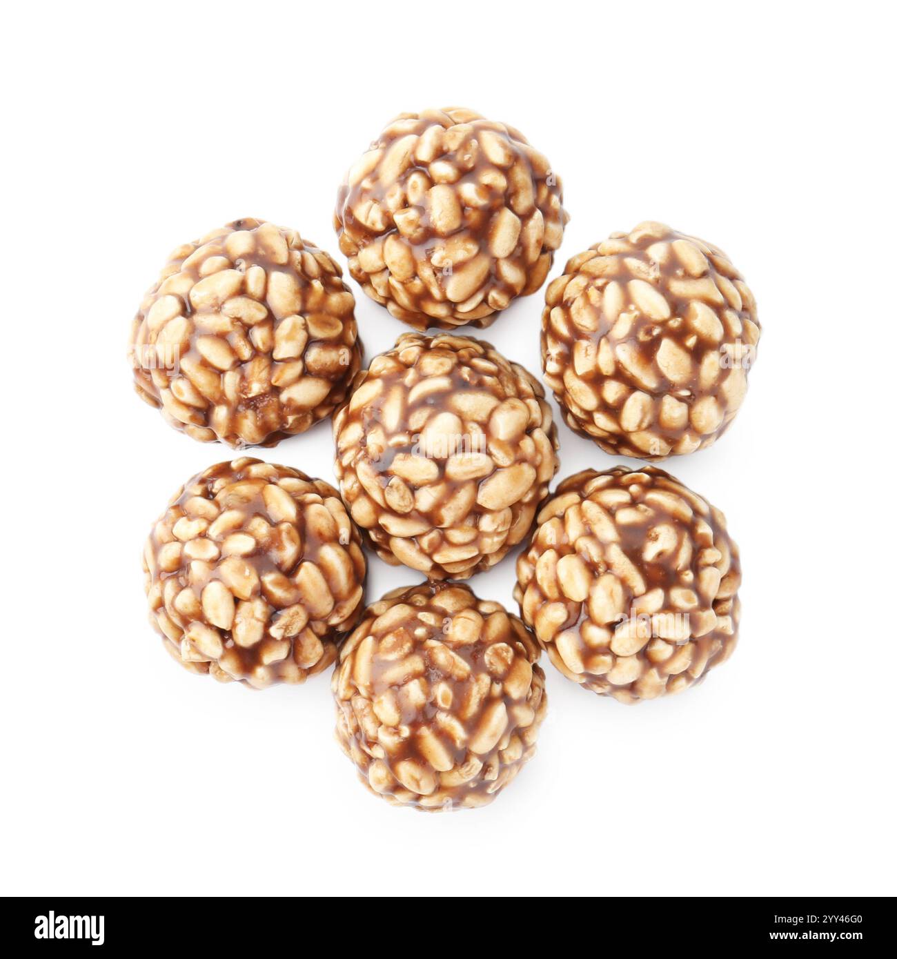 Delicious chocolate puffed rice balls isolated on white, top view Stock ...