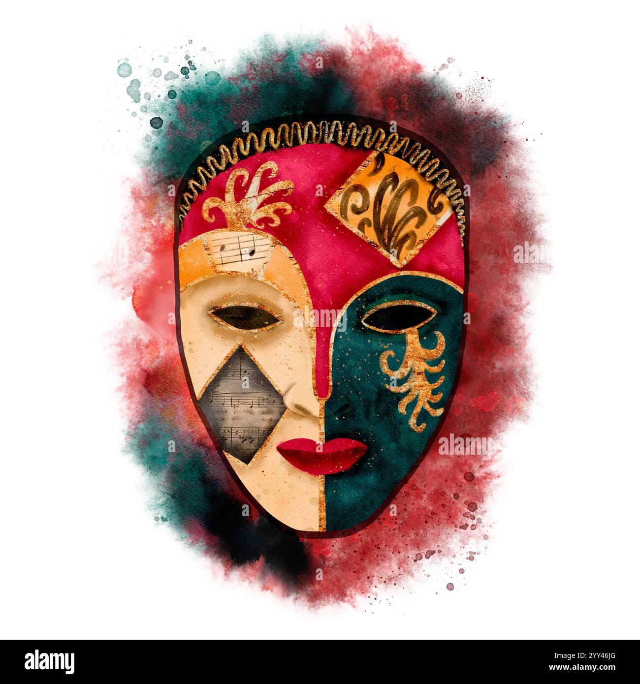 A vibrant and artistic mask showcasing intricate designs, bold colors ...