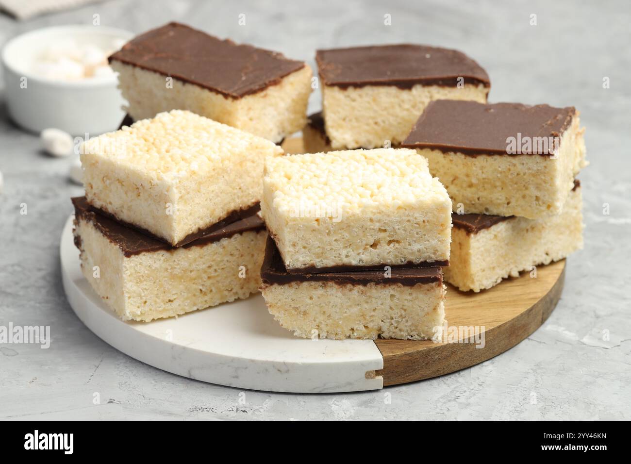 Delicious puffed rice bars on gray textured table, closeup Stock Photo ...