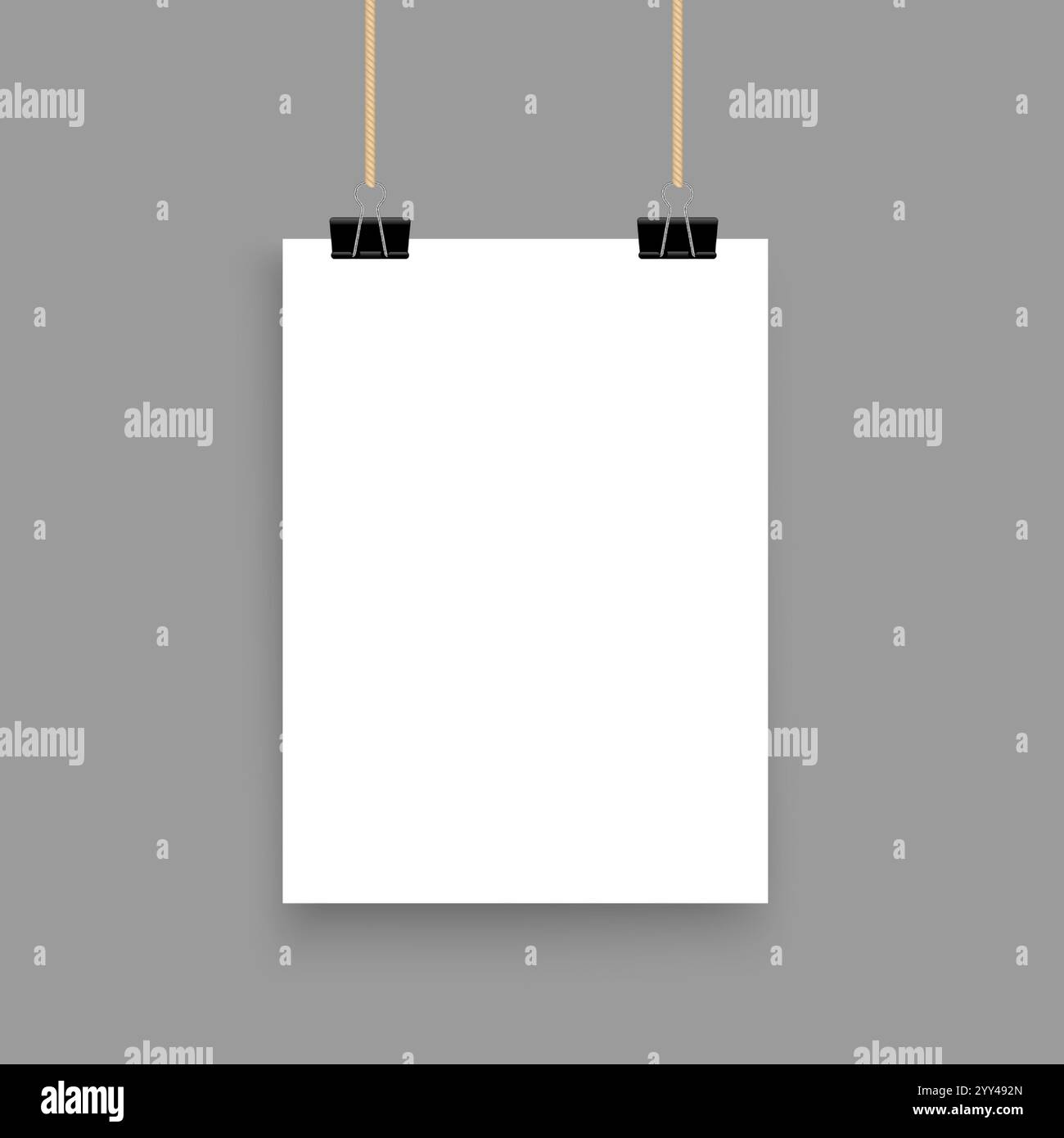 Vertical white poster hanging on binder clips. Vector sheet of paper ...