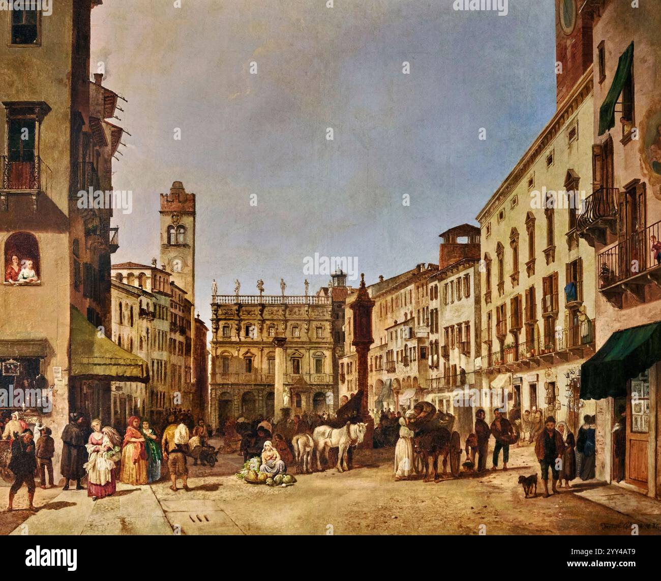 Piazza delle Erbe a Verona - olio su tela - Carlo Canella - XIX secolo ...