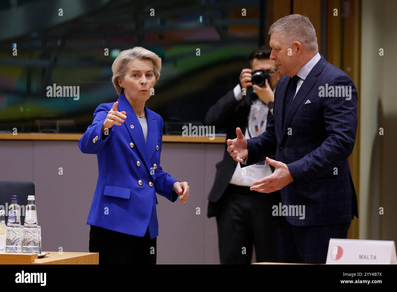 European Commission President Ursula von der Leyen, left, speaks with ...