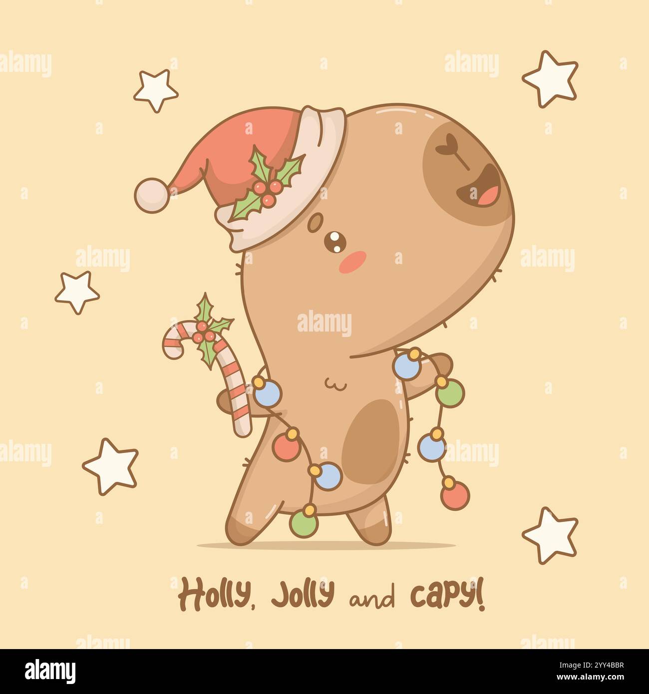 Christmas cute capybara in Santa hat with New Years garland. Funny ...