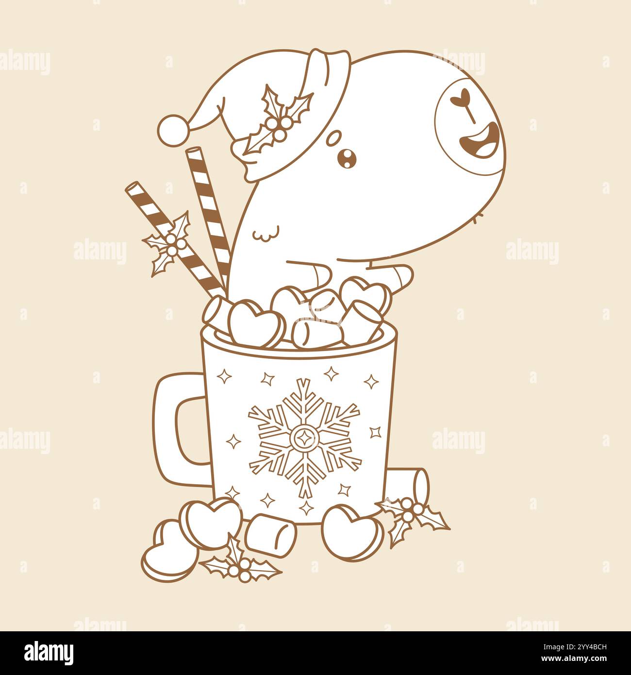 Outline Sweet Christmas Capybara Santa in Mug Hot Cocoa with ...