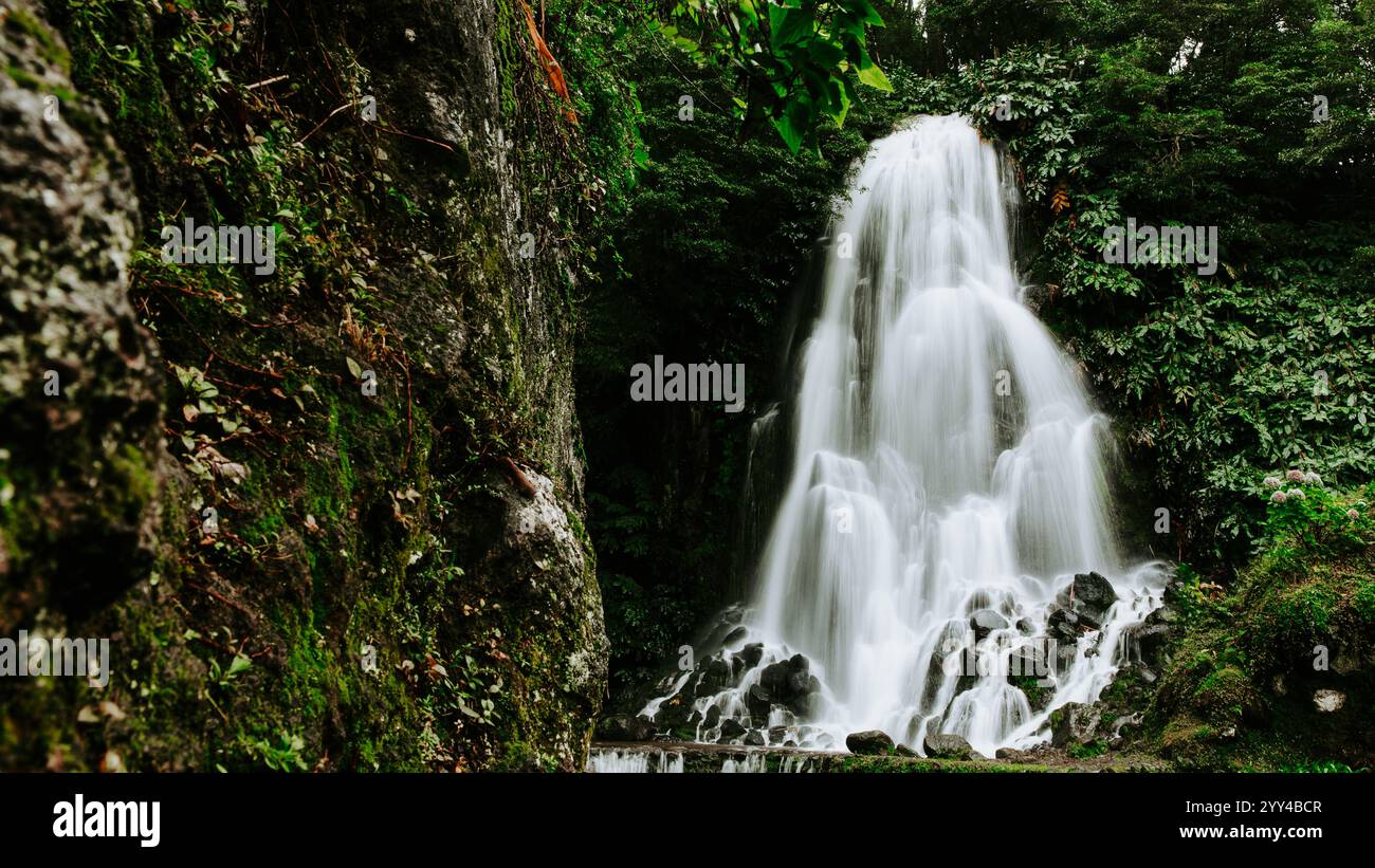Waterfall with green landscape around, Azores nature, explore Portugal ...