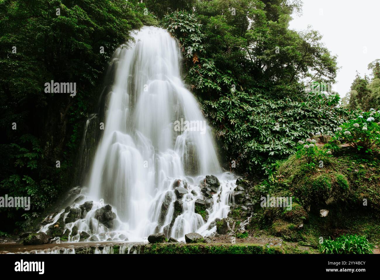 Waterfall with green landscape around, Azores nature, explore Portugal ...