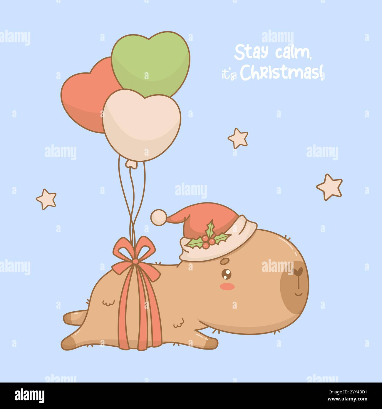 Christmas cute capybara in Santa hat flies with balloons. Funny New ...