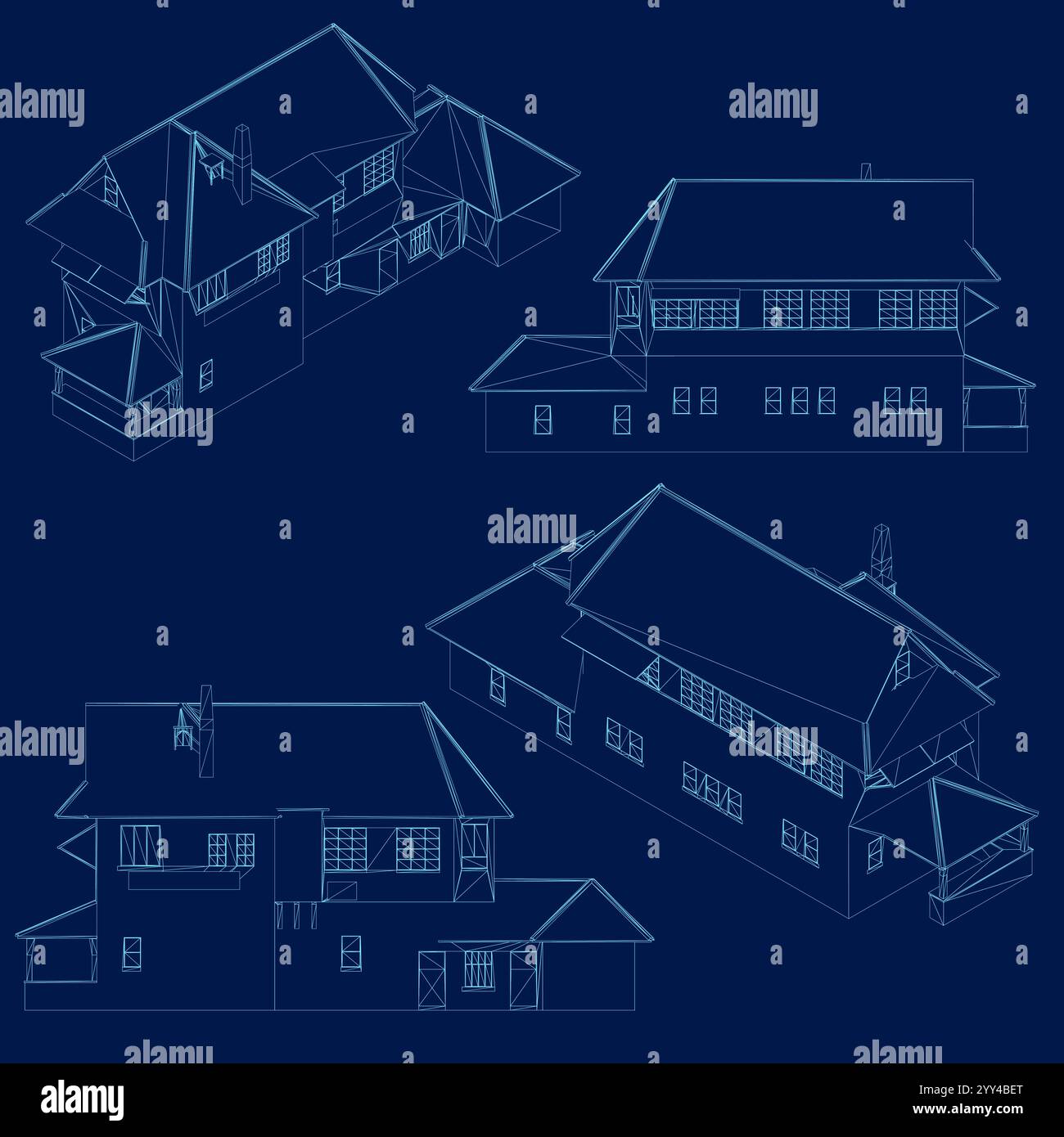Set house contour drawing in modern linear style on blue background ...