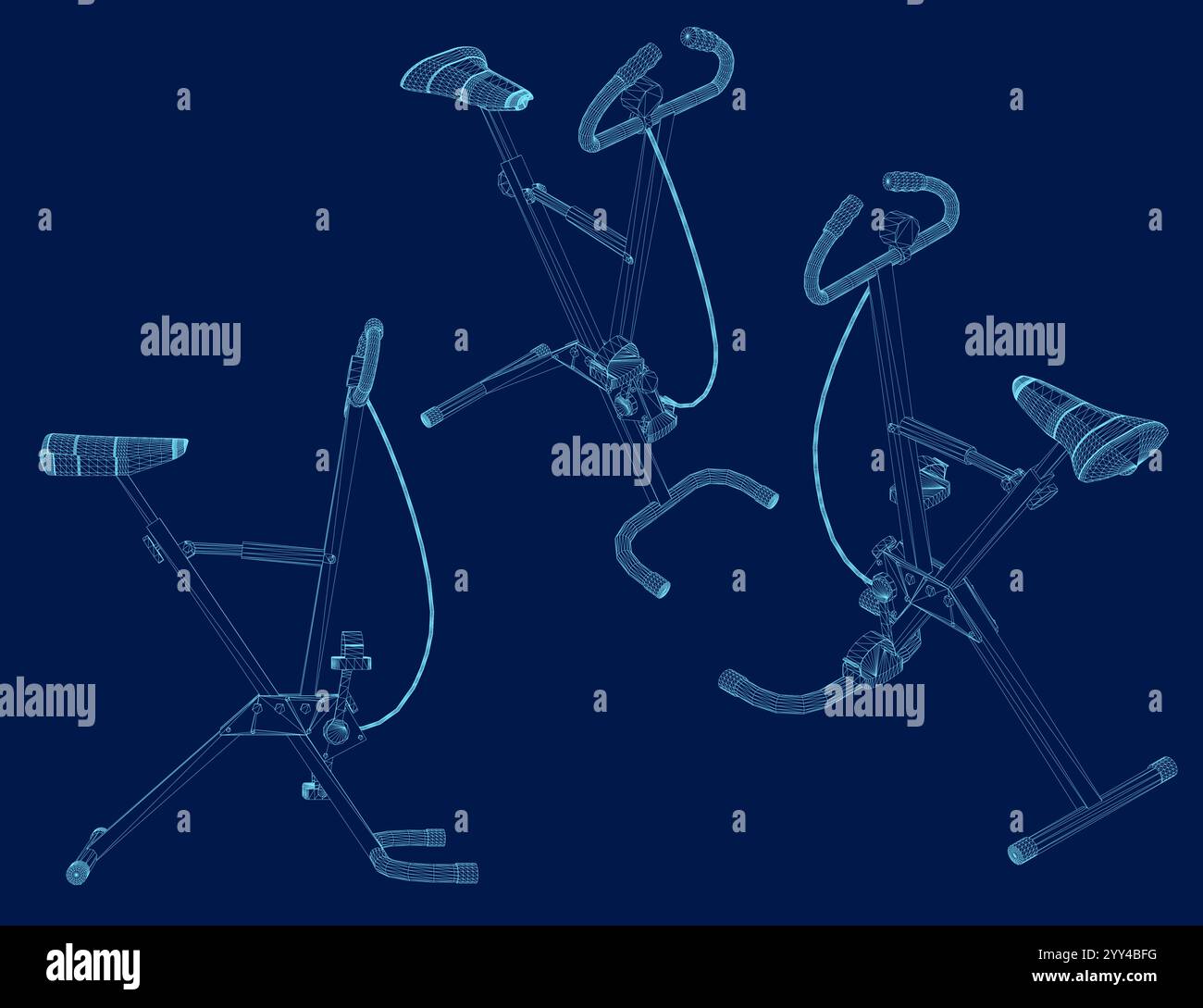 Set contour Exercise Bike on blue Background. Side, isometric view ...