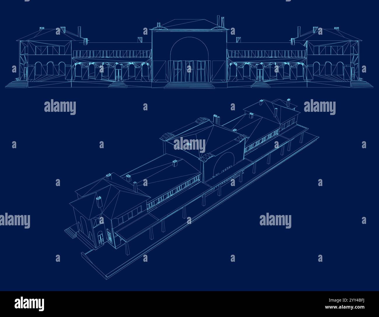 Vector Illustration of set contour large plantation house. Front ...