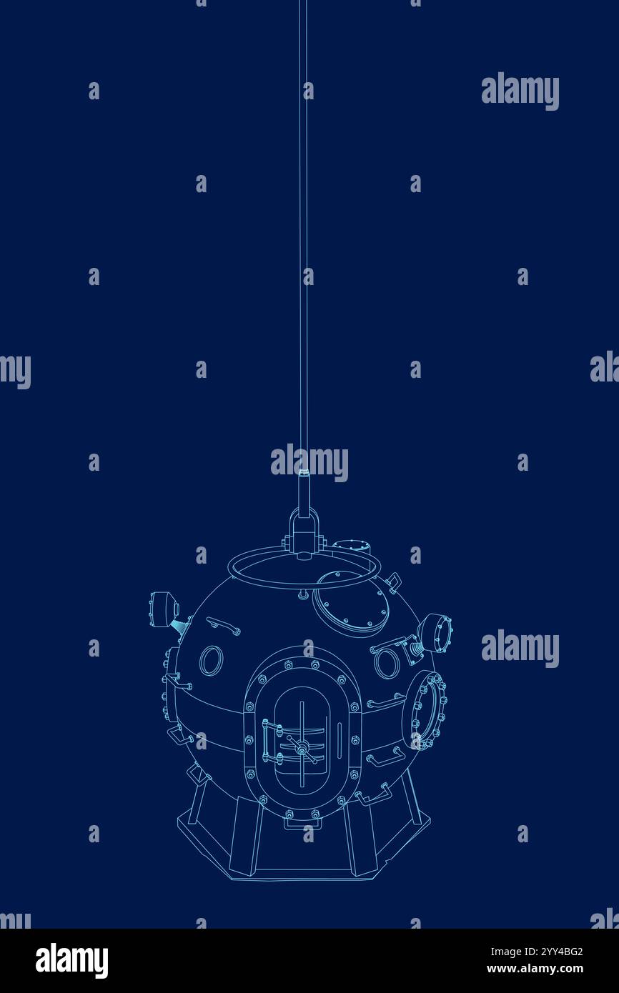 The contour of an underwater deep sea capsule with luminous blue lights ...