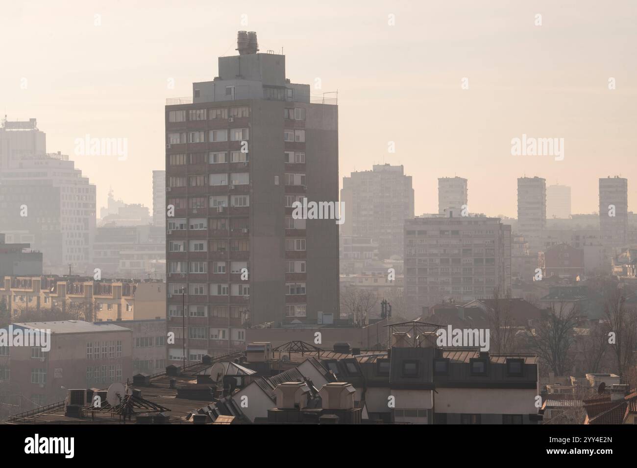 Smog lies over the skyline of Historical architecture of Belgrade city ...
