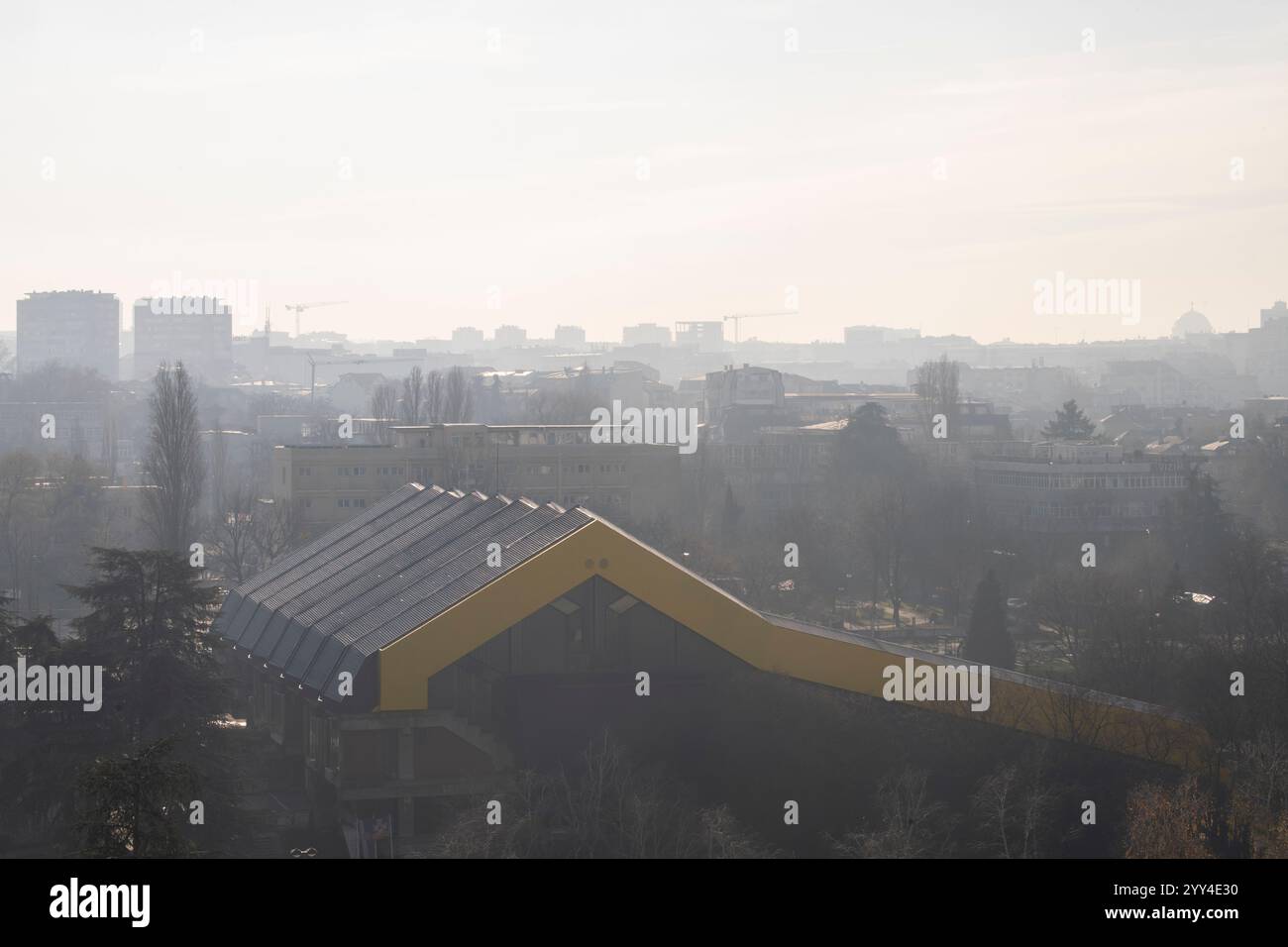 Smog lies over the skyline of Historical architecture of Belgrade city ...