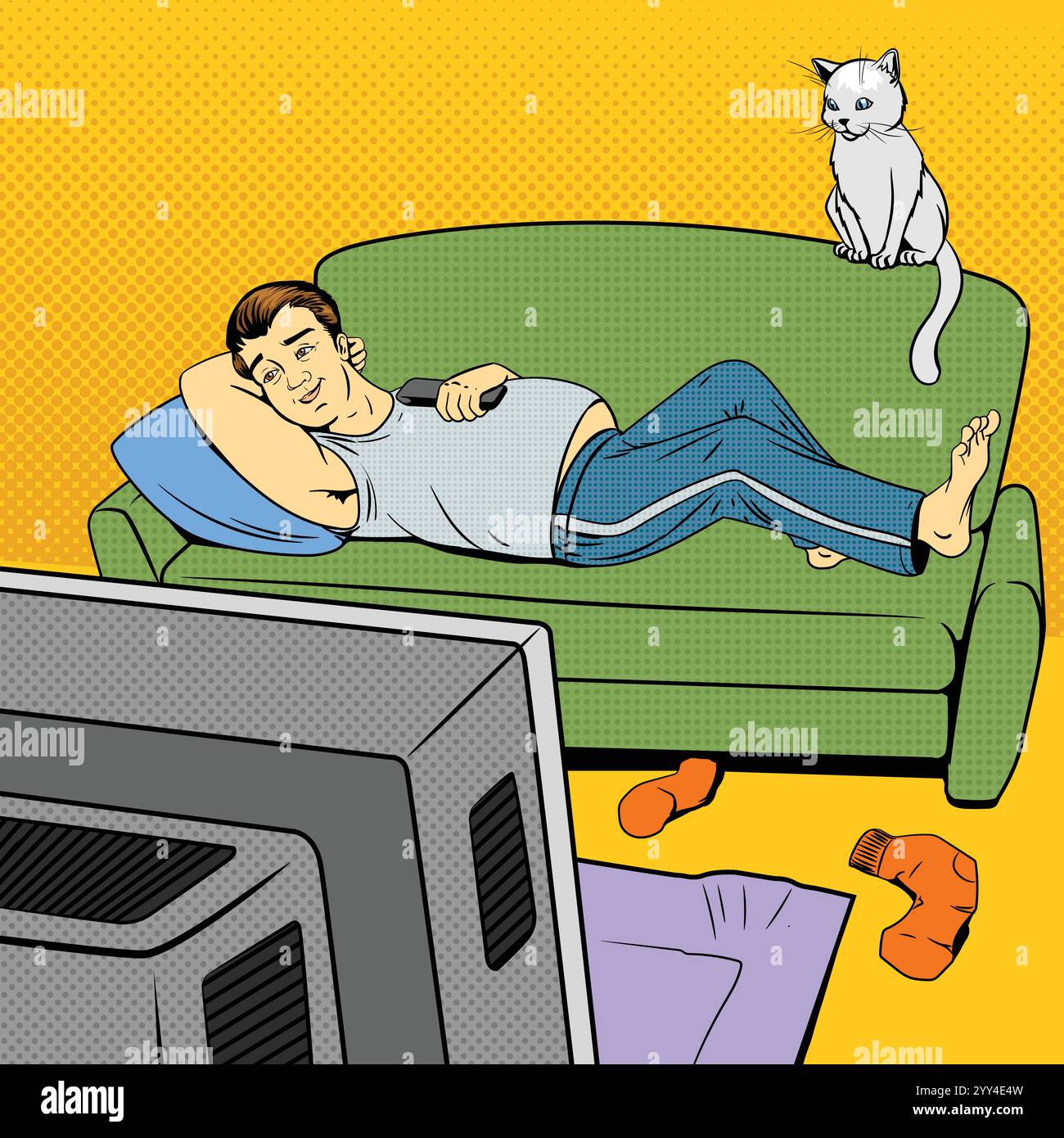 Man lying on couch watching TV comic book style Stock Vector Image ...